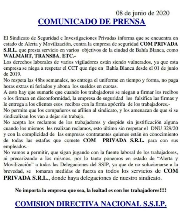 Estado de Alerta y Movilización contra la empresa de seguridad COM ...