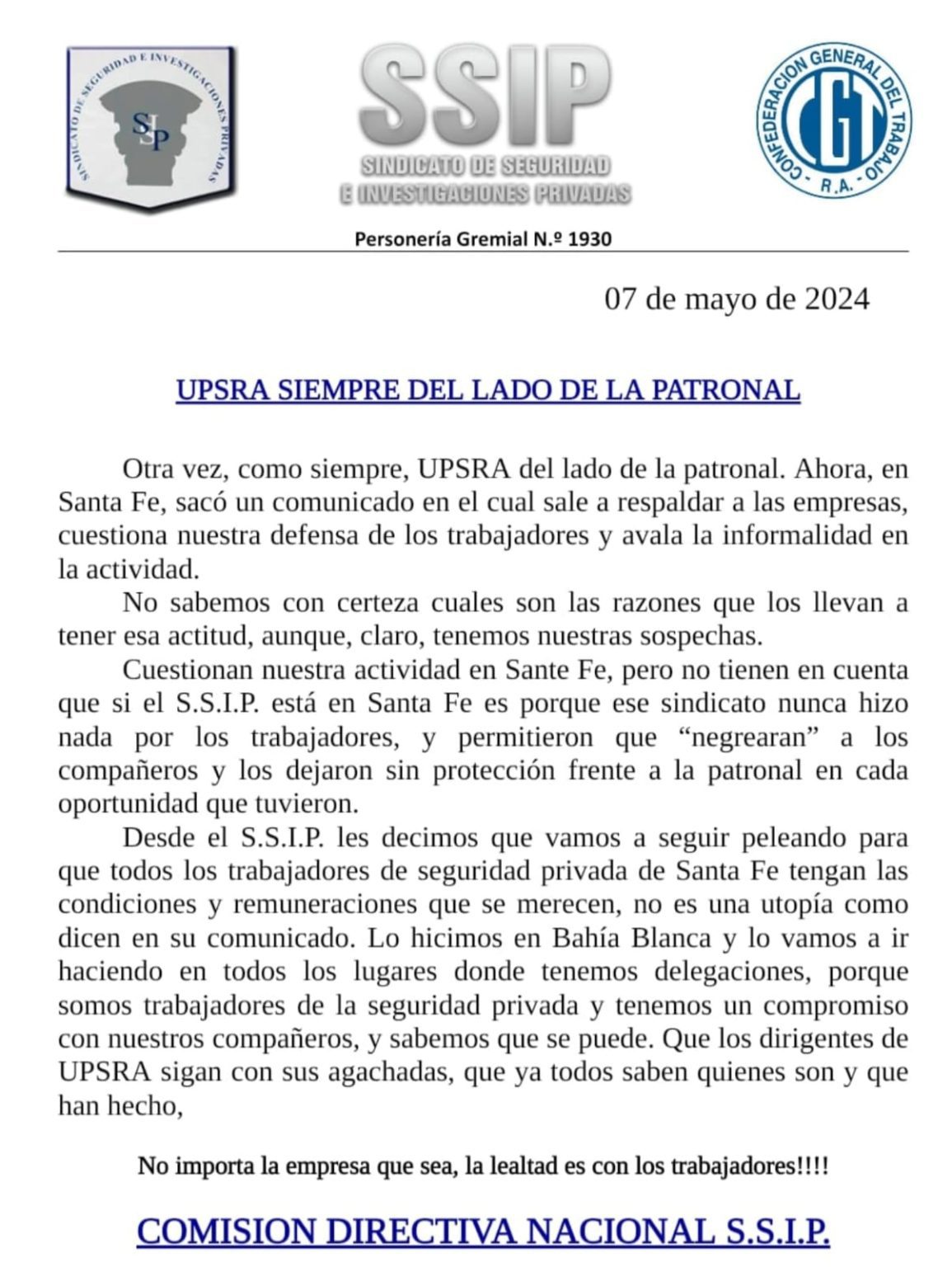 UPSRA nuevamente del lado de la patronal | SSIP